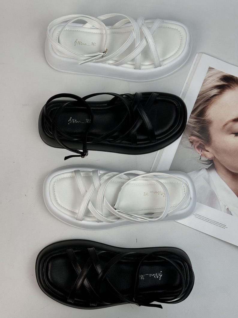 Genuine Leather Strappy Platform Sandals, Minimalist Ankle Strap Shoes ...