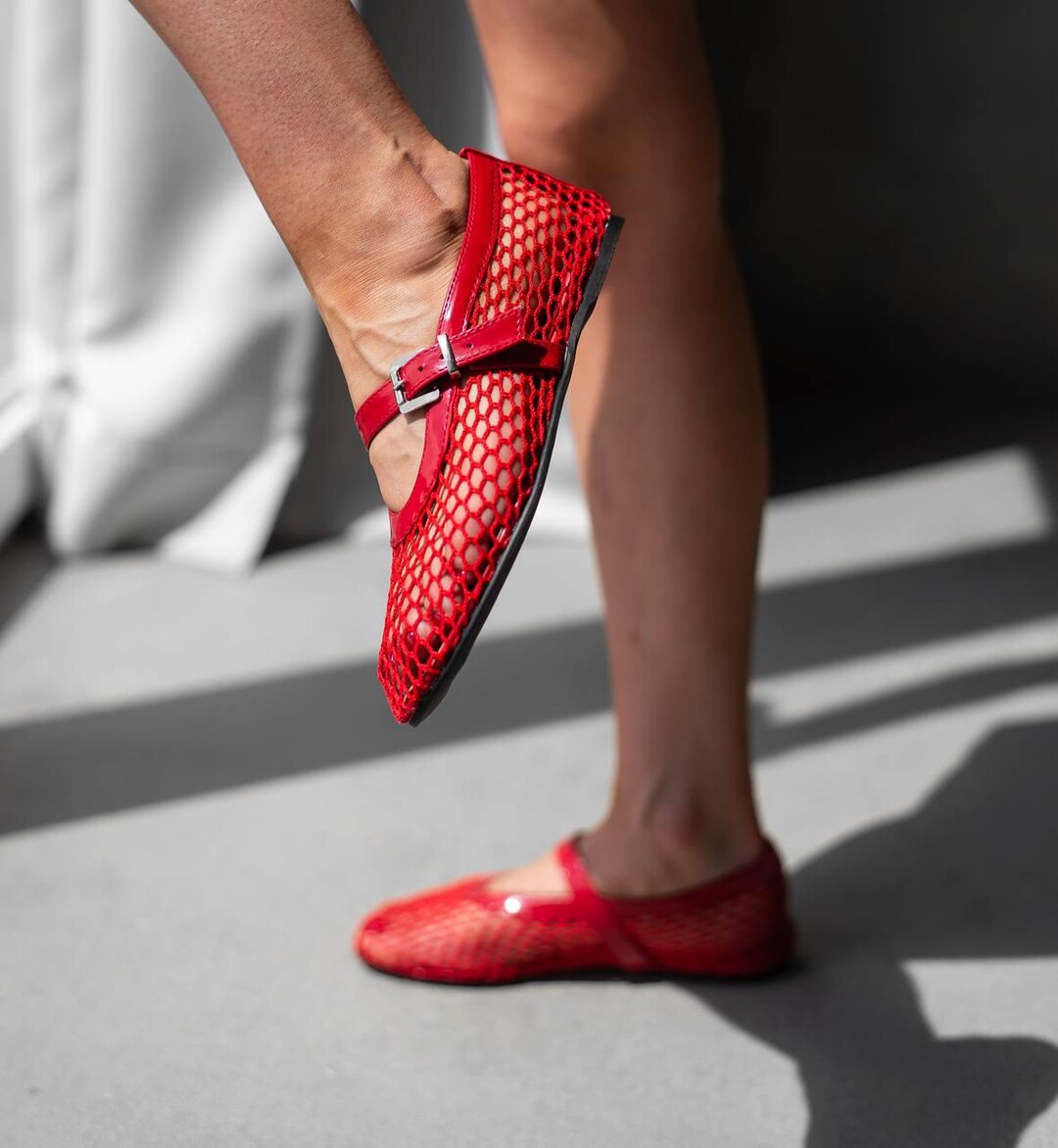 Red Mesh Mary Janes With Round Toe, Sheer Fishnet Ballet Shoes ...
