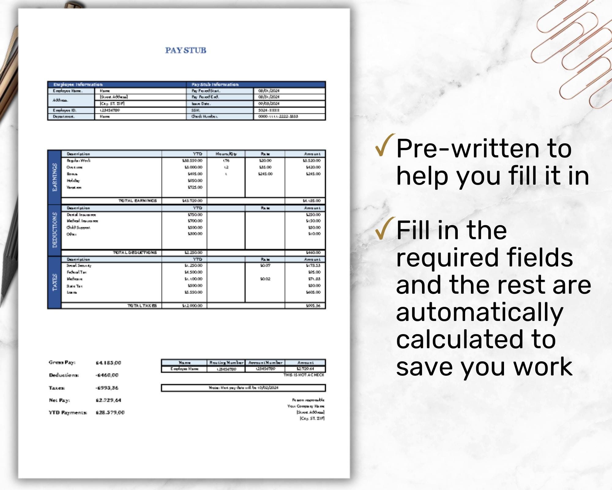 Editable Pay Stub, Employee Pay Stub, Bi-weekly Paystub, Check Stub ...