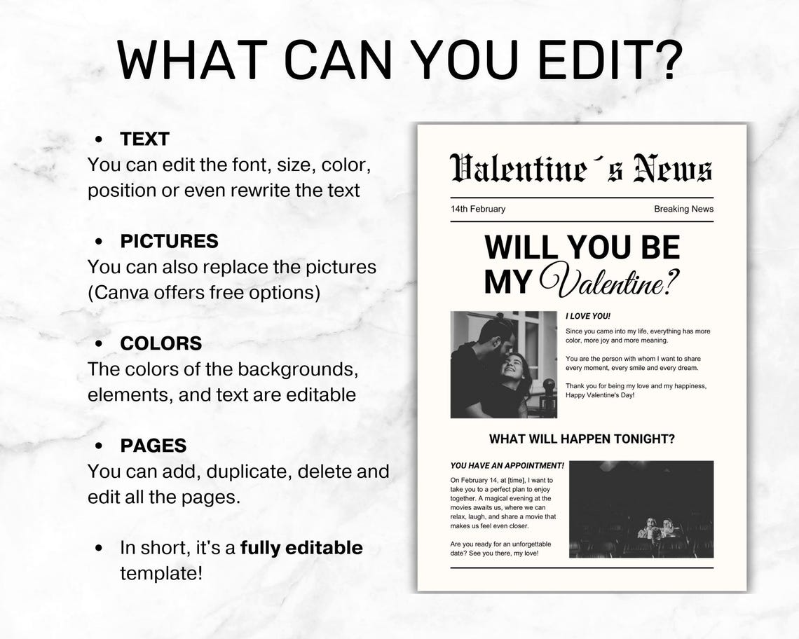 Valentine’s Day Newspaper Proposal Editable Canva Template, DIY ...