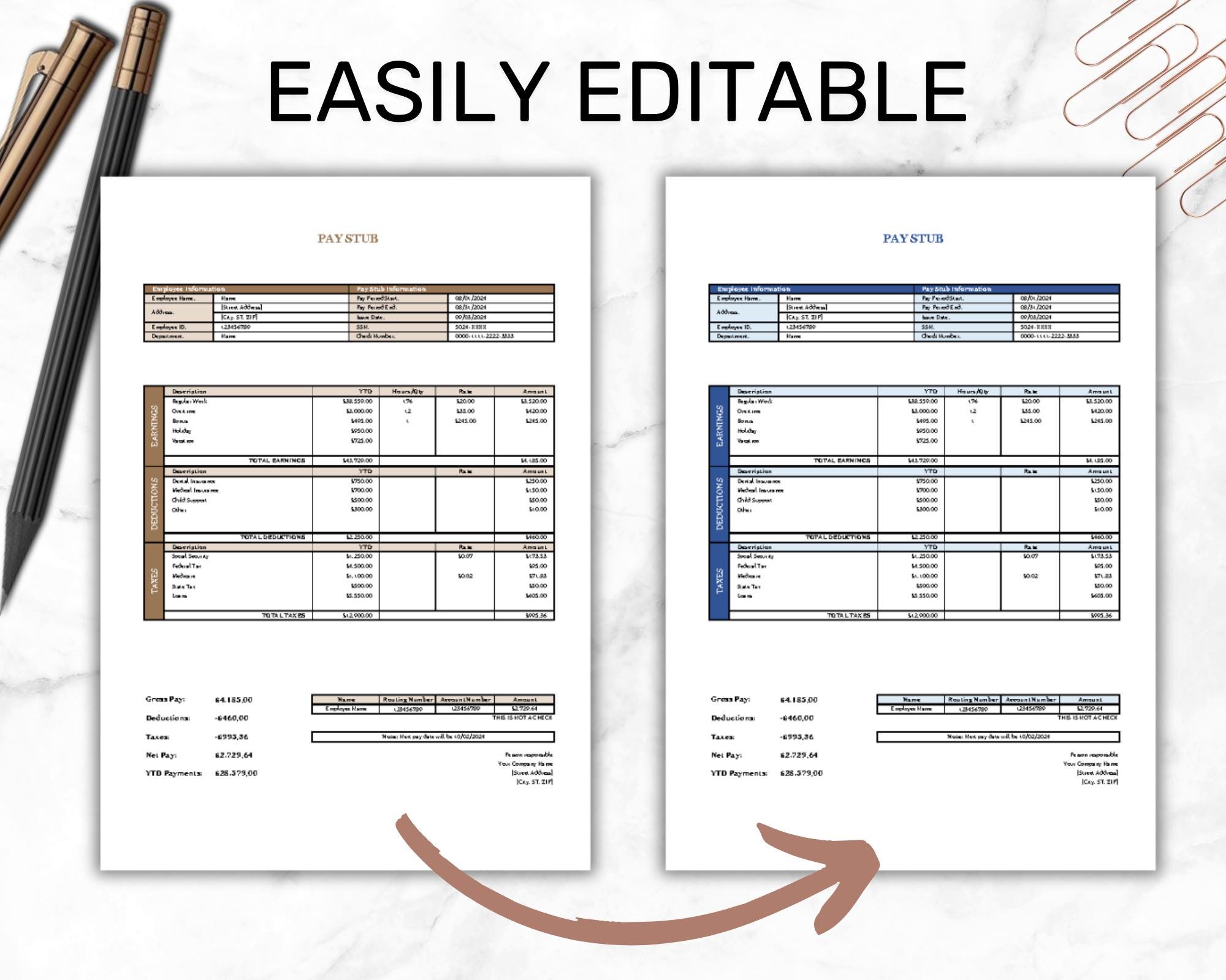 Fillable Pay Stub Instant Download, Professional Pay Stub Template for ...