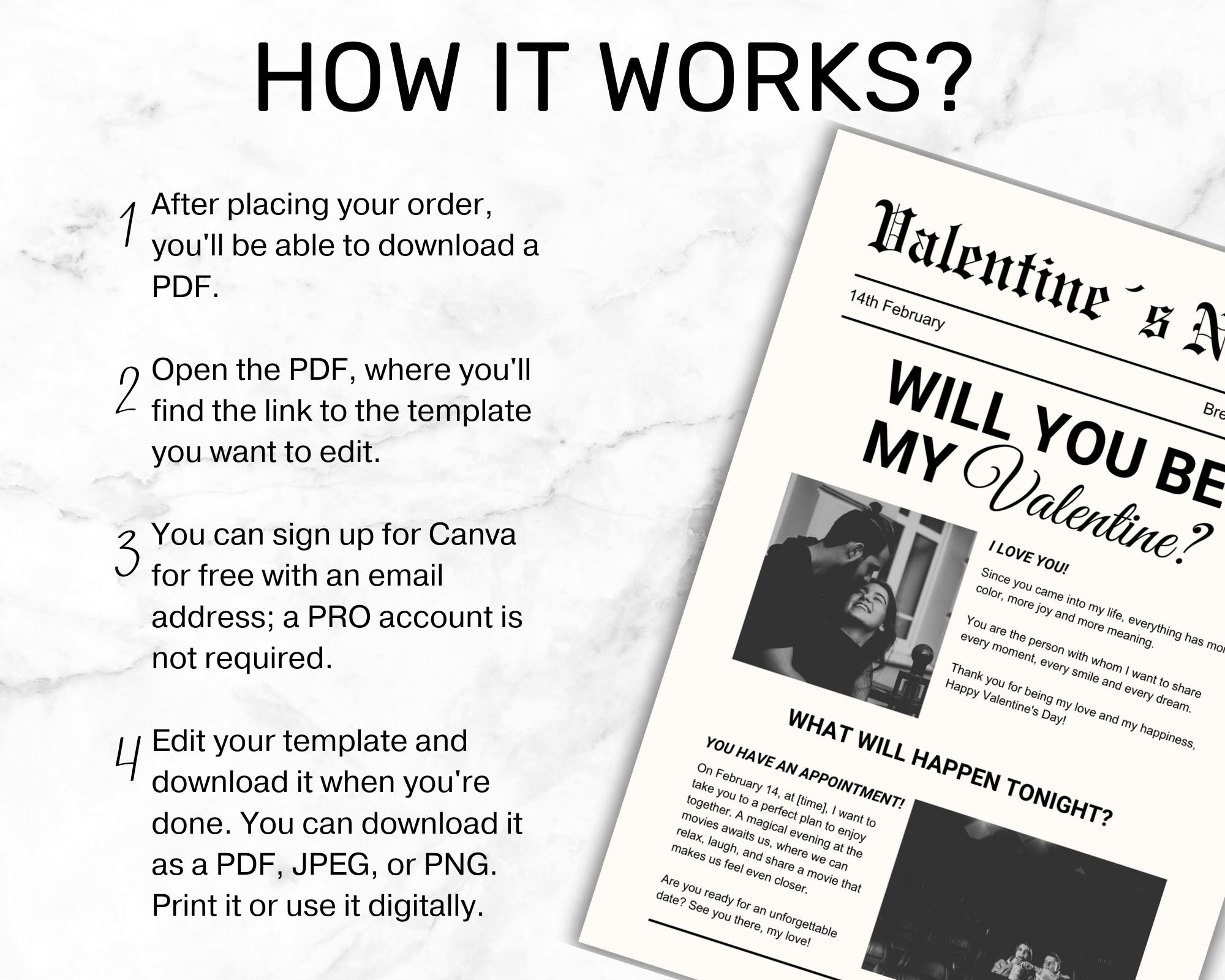 Valentine’s Day Newspaper Proposal Editable Canva Template, DIY ...