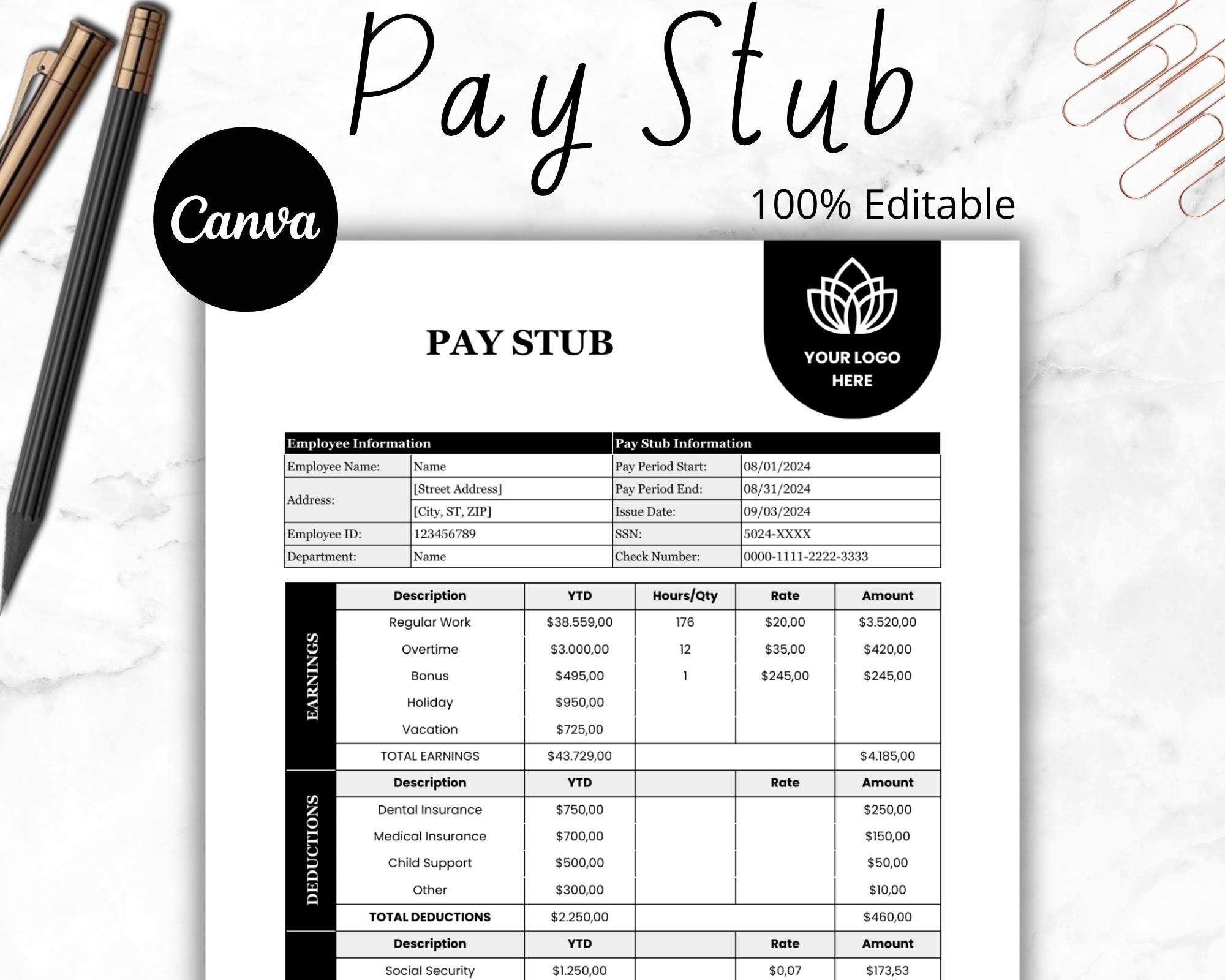 Editable Pay Stub, Paycheck Stub, Employee Pay Stub, Bi-weekly Paystub ...