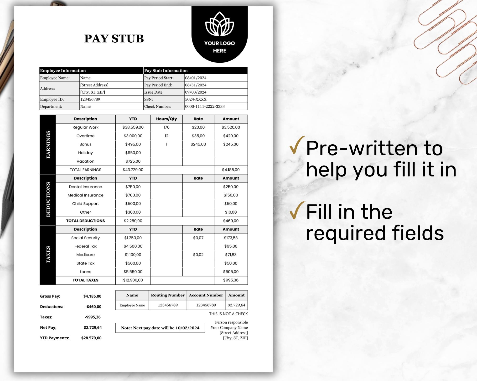Editable Pay Stub, Paycheck Stub, Employee Pay Stub, Bi-weekly Paystub ...