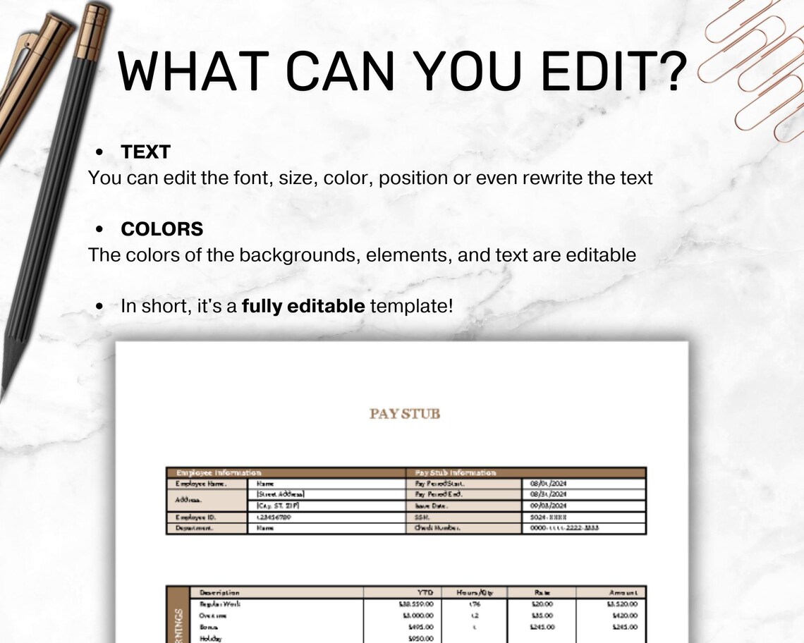 Fillable Pay Stub Instant Download, Professional Pay Stub Template for ...