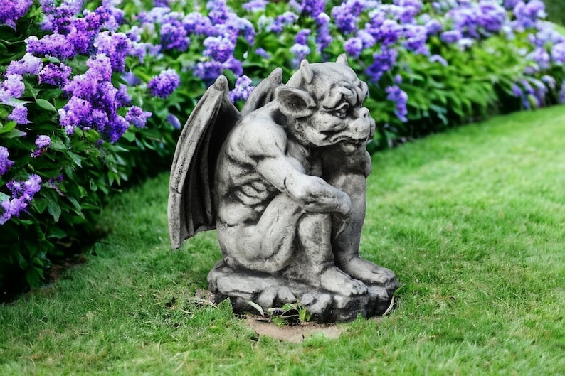 Gargoyle With Wings Sitting on Base Figure, Guardian Statue, Concrete ...