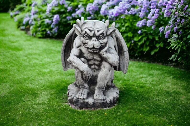 Gargoyle With Wings Sitting on Base Figure, Guardian Statue, Concrete ...