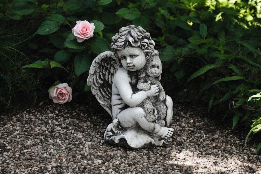 Concrete Angel Boy Figurine Yard Cherub Sculpture Lawn Angel With Bear ...