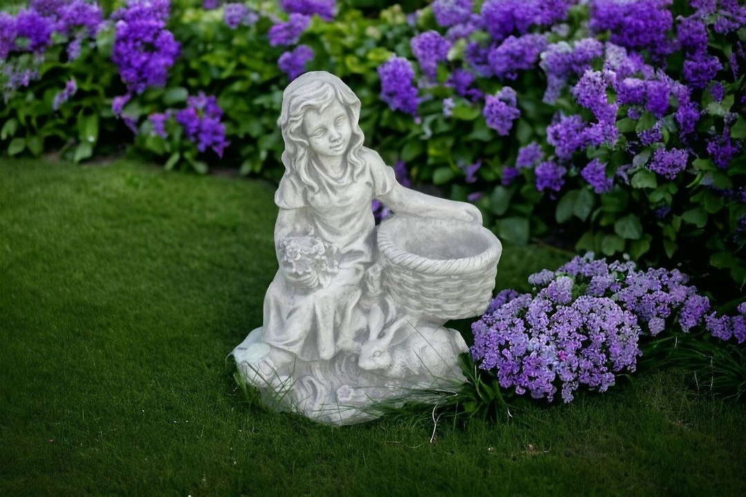 Sitting Girl With Basket Statue, Massive Girl in Dress Figure, Concrete ...