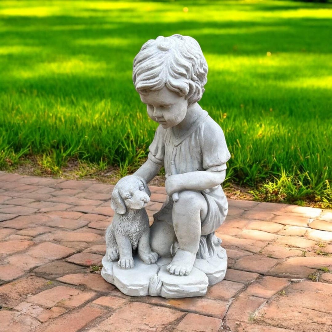 Boy With Dog Stone Boy Statue Garden Children Ornament Detailed Boy ...