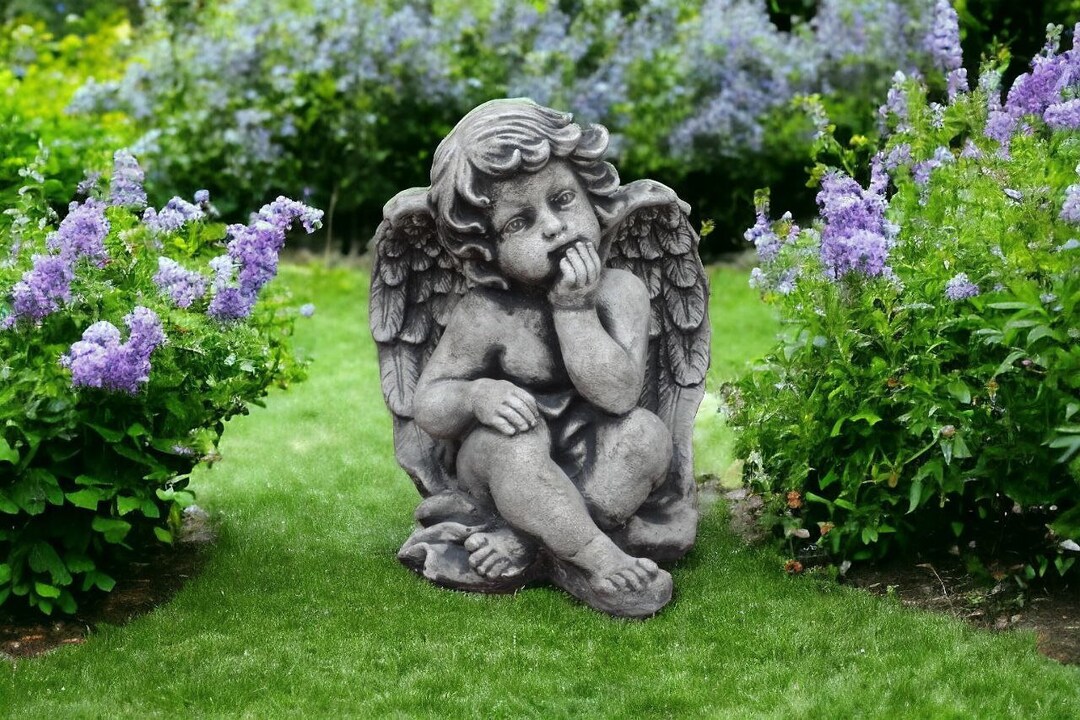 Sitting Cherub Figure, Stone Angel, Resting Angel Sculpture, Outdoor ...