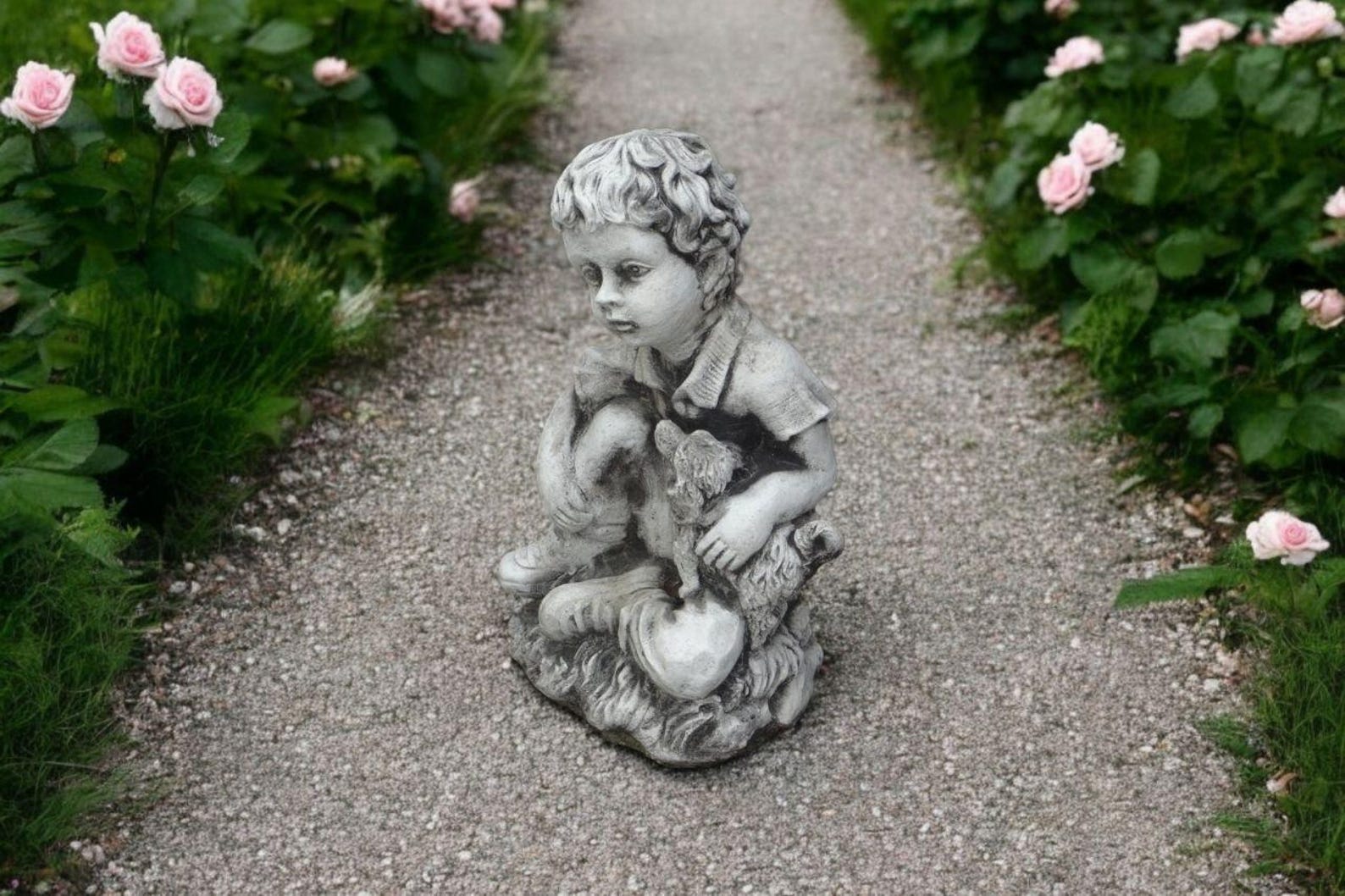 Stone Boy With Dog Concrete Boy Decoration Realistic Sitting Boy Figure ...