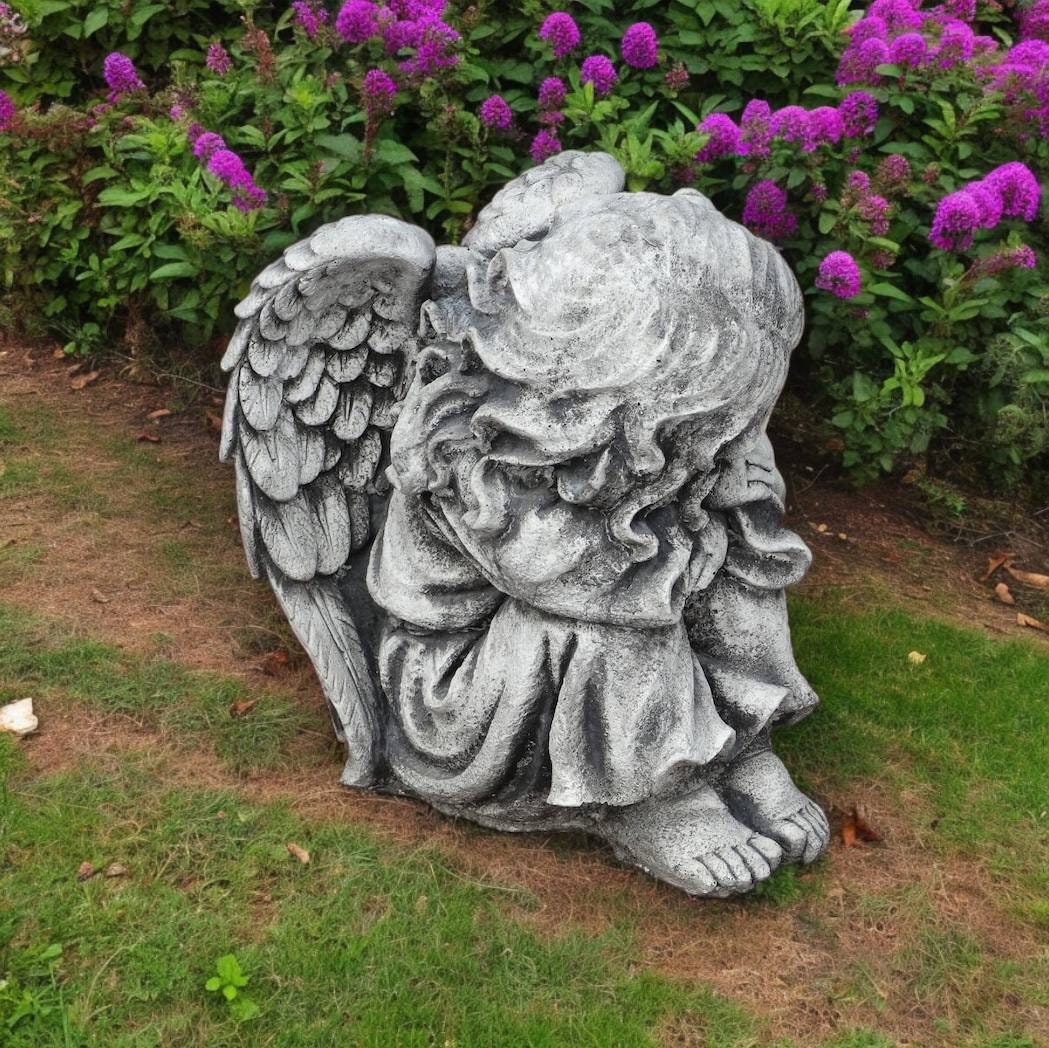 Concrete Sitting Angel, Garden Figure, Outdoor Statue, Detailed Cherub ...