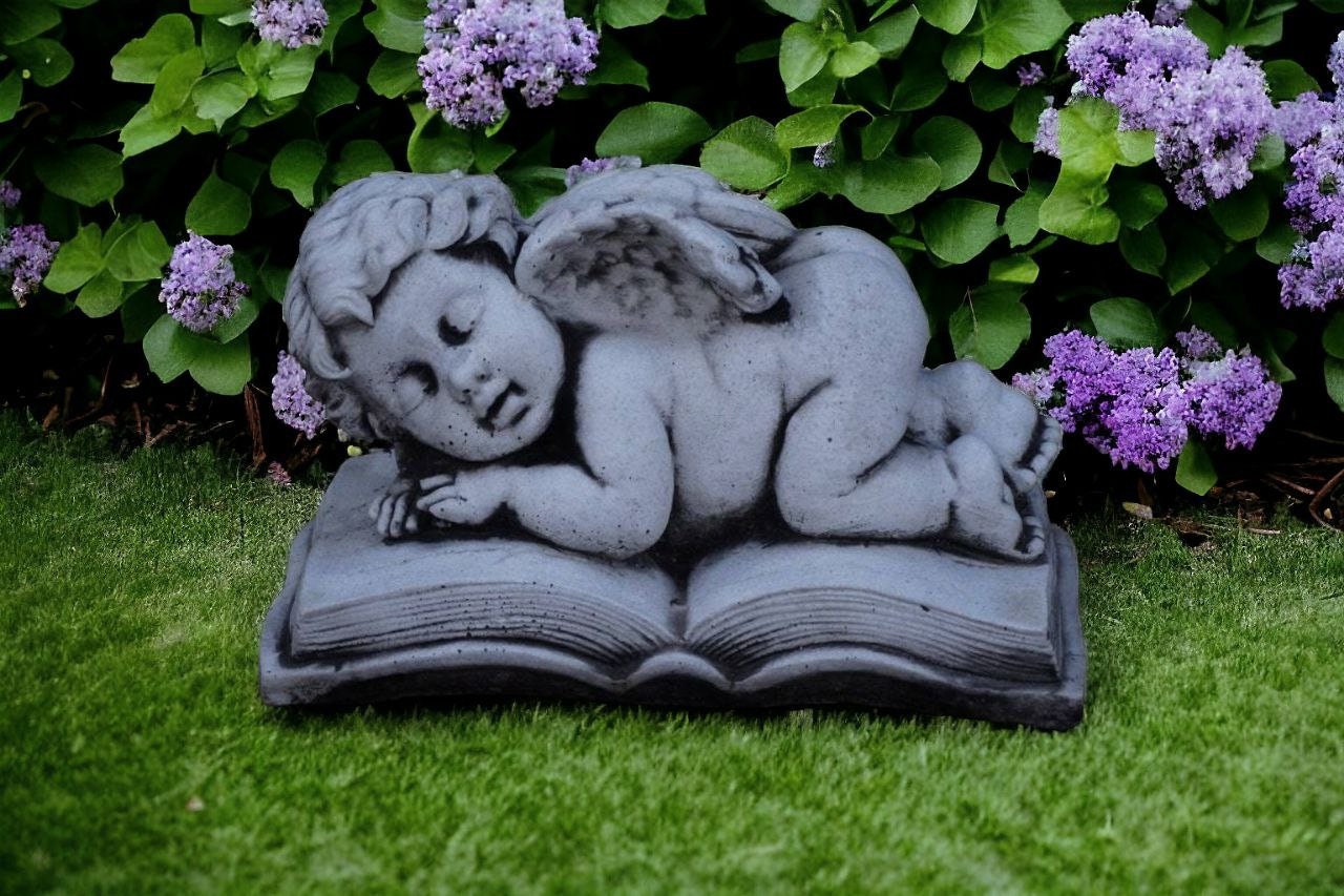 Angel Sleeping on Book Statue, Resting Angel, Concrete Angel Figure ...