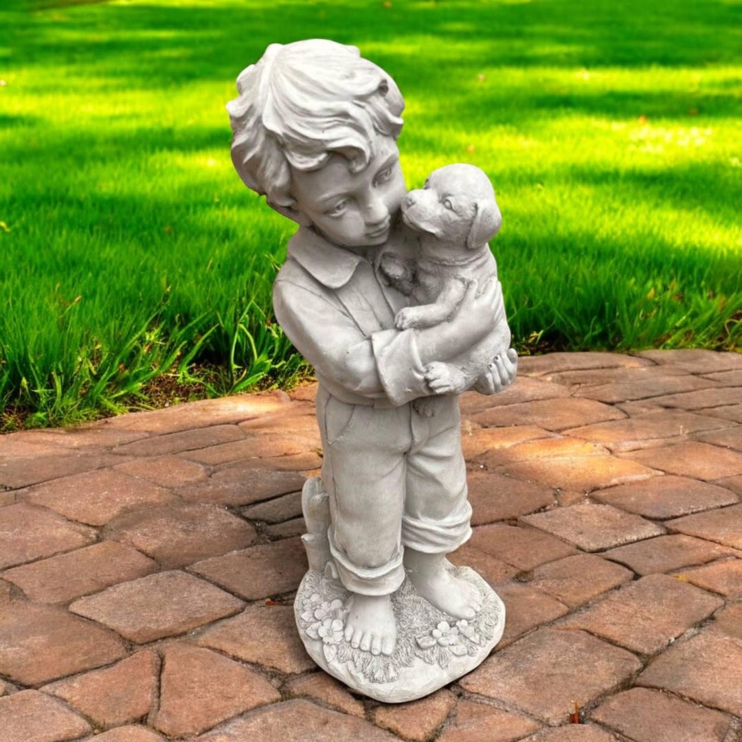 Boy With Puppy Child Outside Ornament Stone Boy Statue Garden Boy ...