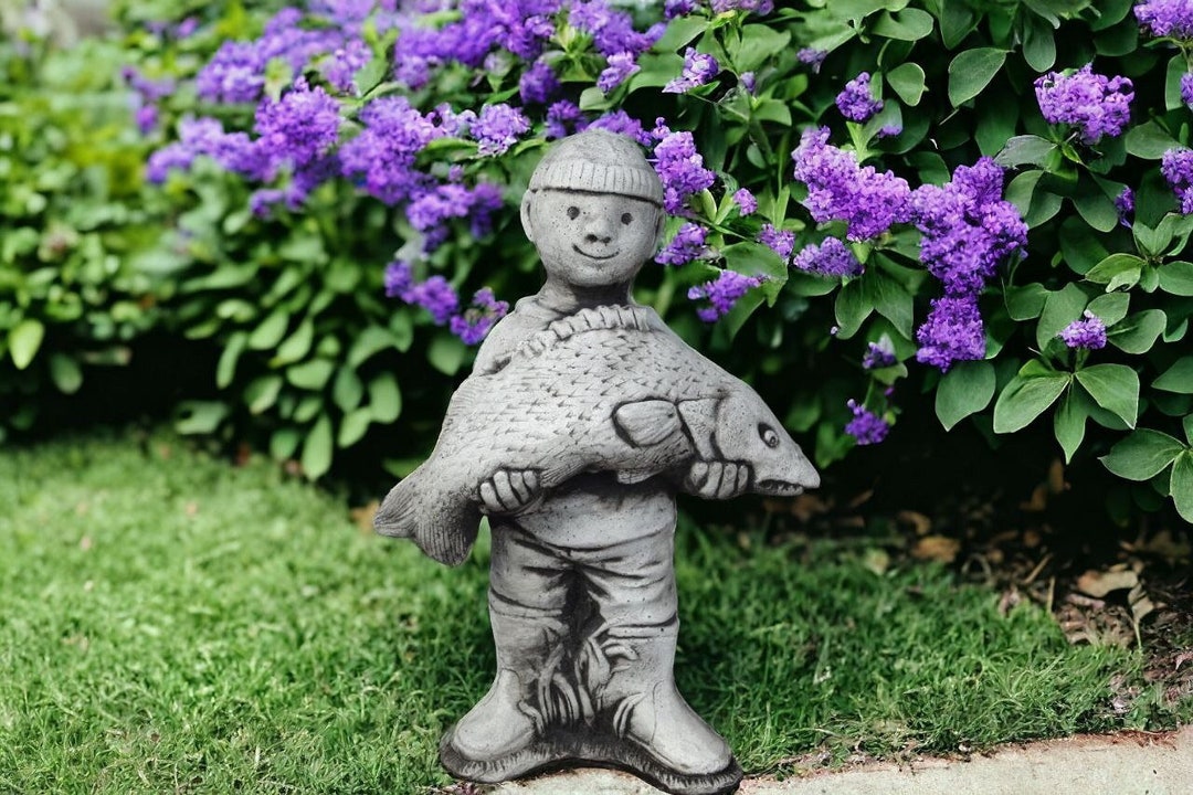 Standing Boy Holding Fish Sculpture, Concrete Boy, Realistic Boy Figure ...