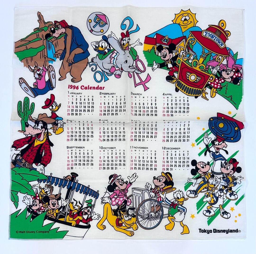 Vintage Tokyo Disneyland Mickey Calendar 1996 Handkerchief, Tokyo ...