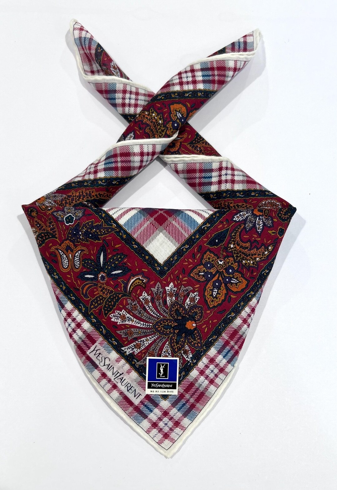 Women Handkerchief YSL Floral Paisley Plaid Red Cotton Pocket Square 18 ...