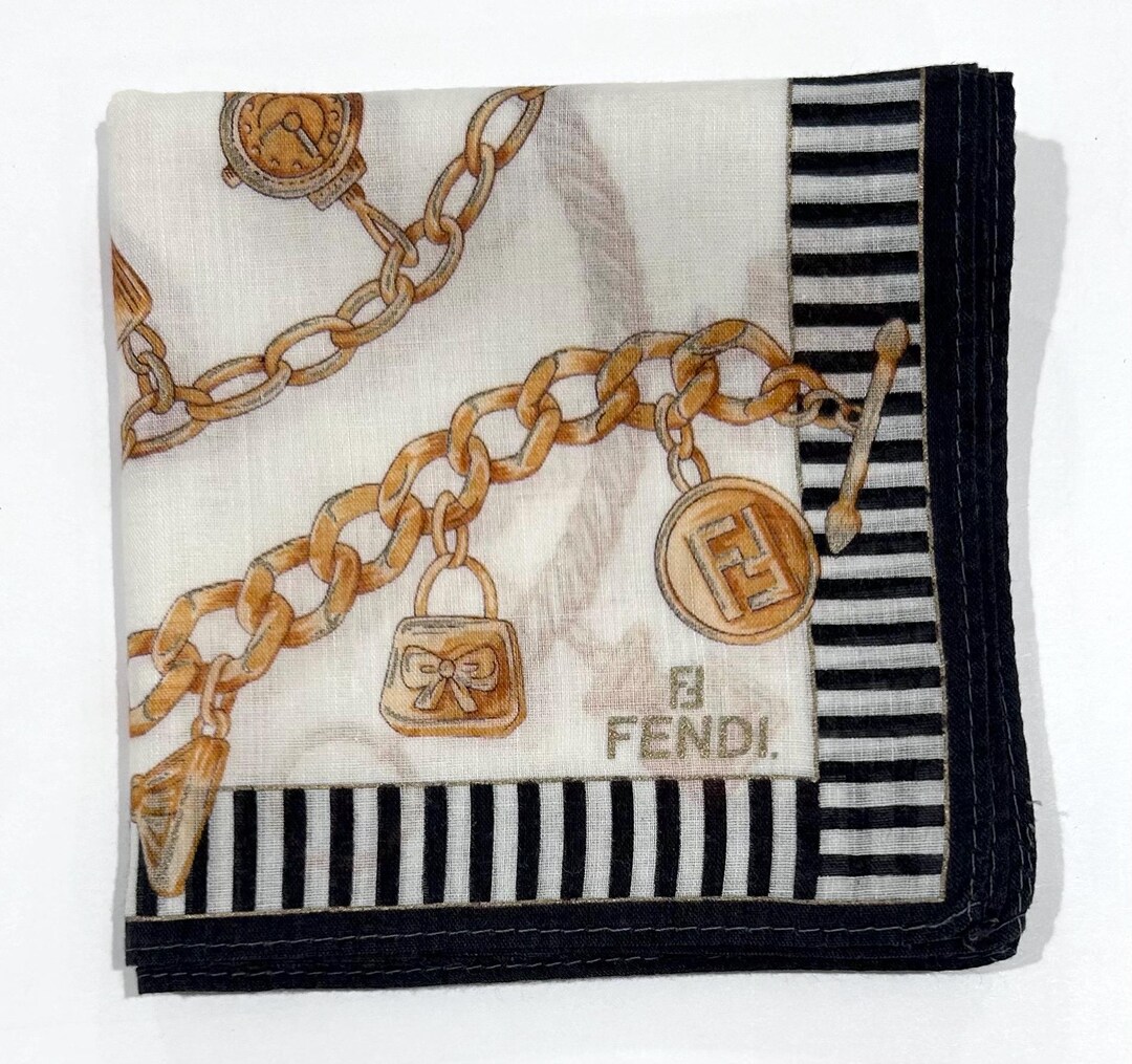 FENDI Women Handkerchief Black White Gold Chain Cotton Pocket Sqaure 17 ...