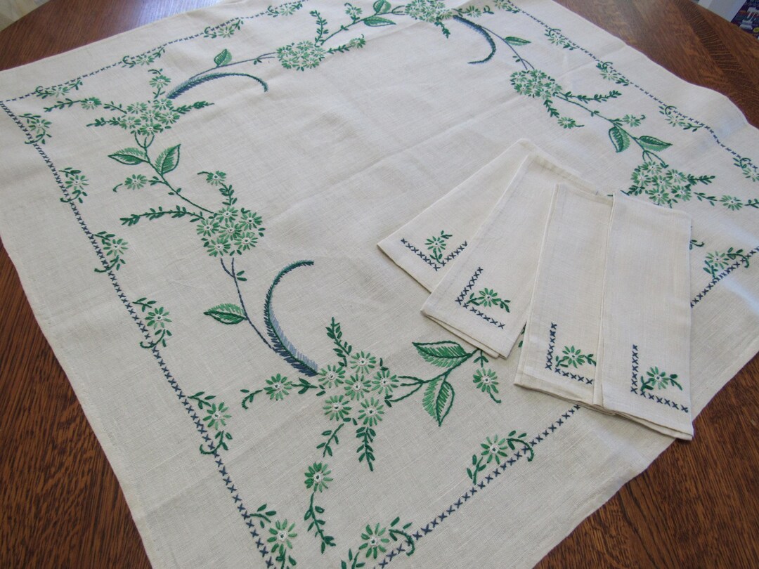 Embroidered Center Cloth and Napkins - Vintage BLUE & GREEN Floral on Ecru Linen Small ...