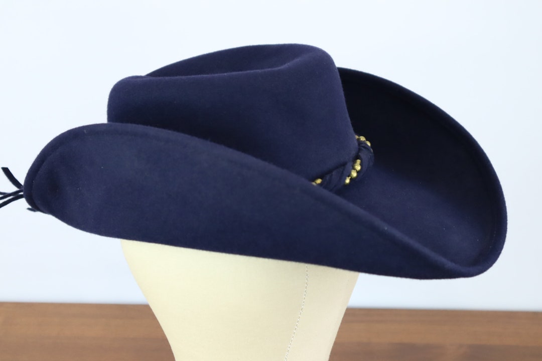 Vintage Cowboy Hat - 1960s 70s Frank Olive Navy Wool Felt Wide Brim ...