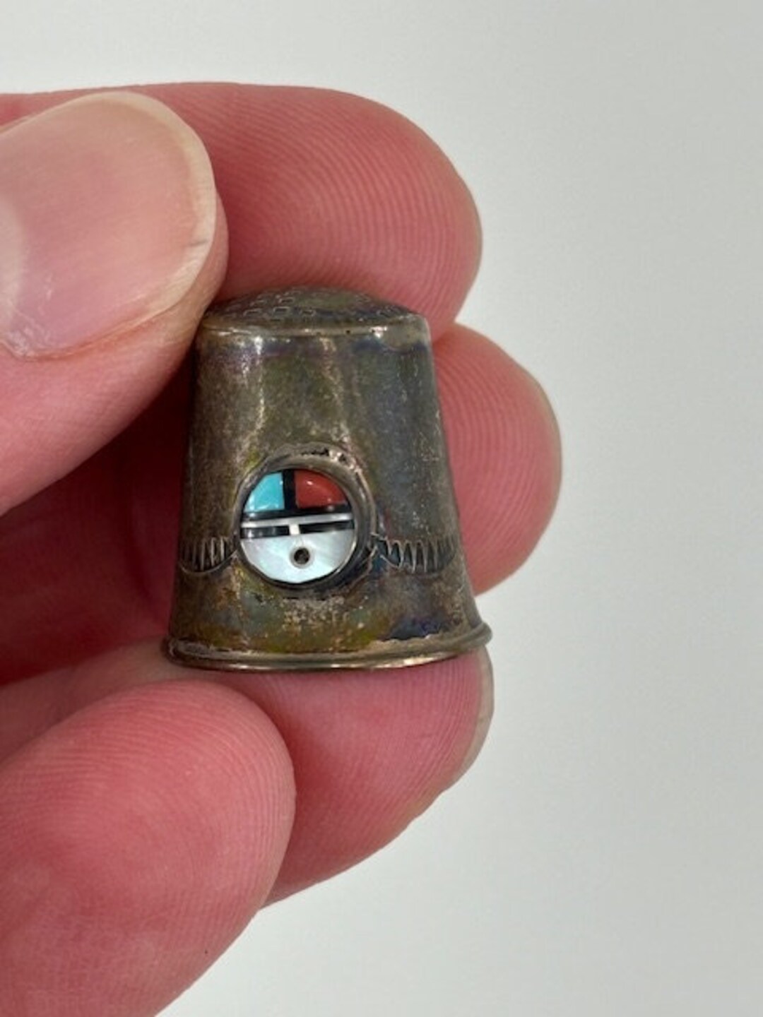 Vintage Zuni Sun Face Thimble Silver MOP & Turquoise Southwest Native ...