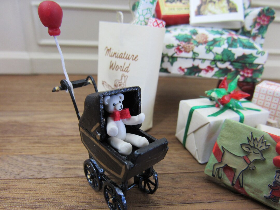 Artist Miniature TOY Buggy W/ Teddy Bear - Hand Painted Dollhouse ...