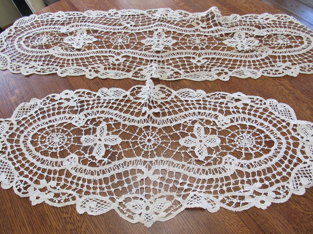 PAIR Lace Table Runners - Antique Irish Crochet Lace Ivory Cotton ...