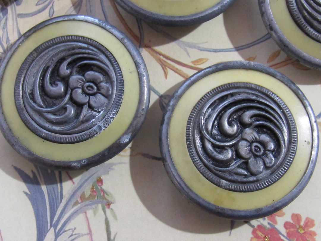 4 Large Antique Buttons Vintage 1900s Ornate Floral Metal & Celluloid ...
