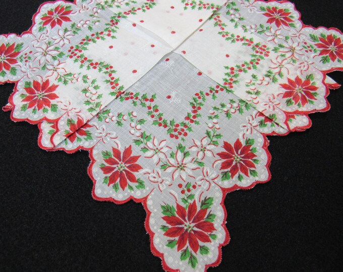 Vintage Christmas Handkerchief Red & White Poinsettia With Green Holly ...