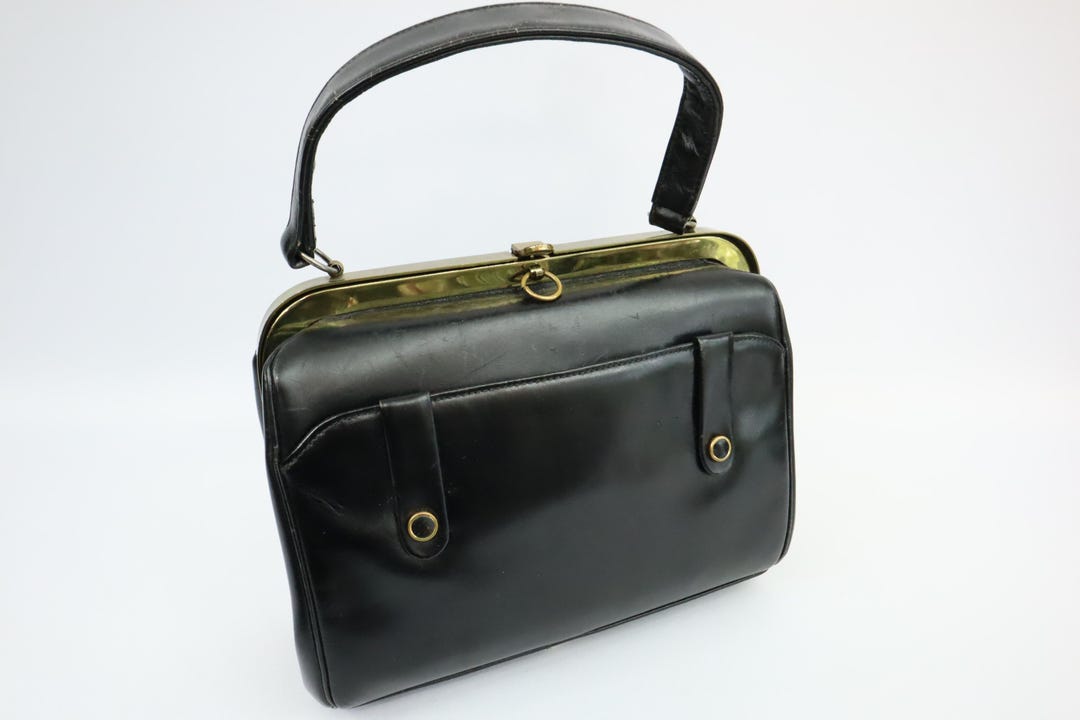 Vintage 1950s Black Leather Handbag Purse - Classic Mid Century Style ...