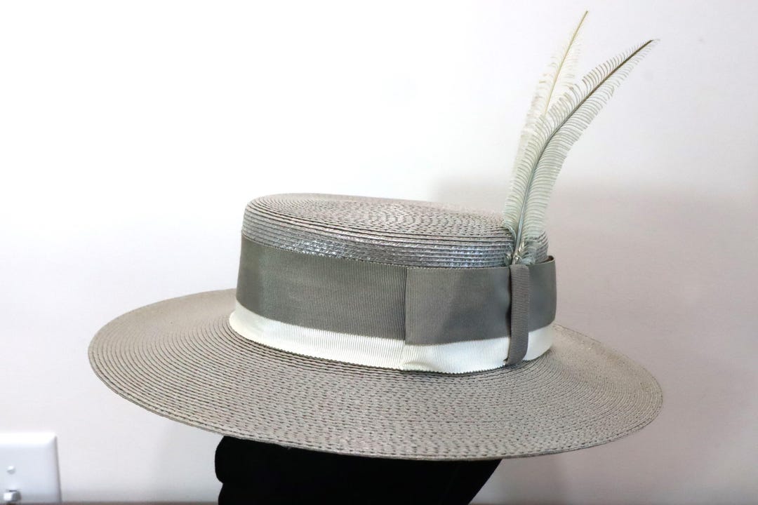 Vintage 1960s Straw Boater Hat - Silver Gray Bellini - Grosgrain Ribbon ...
