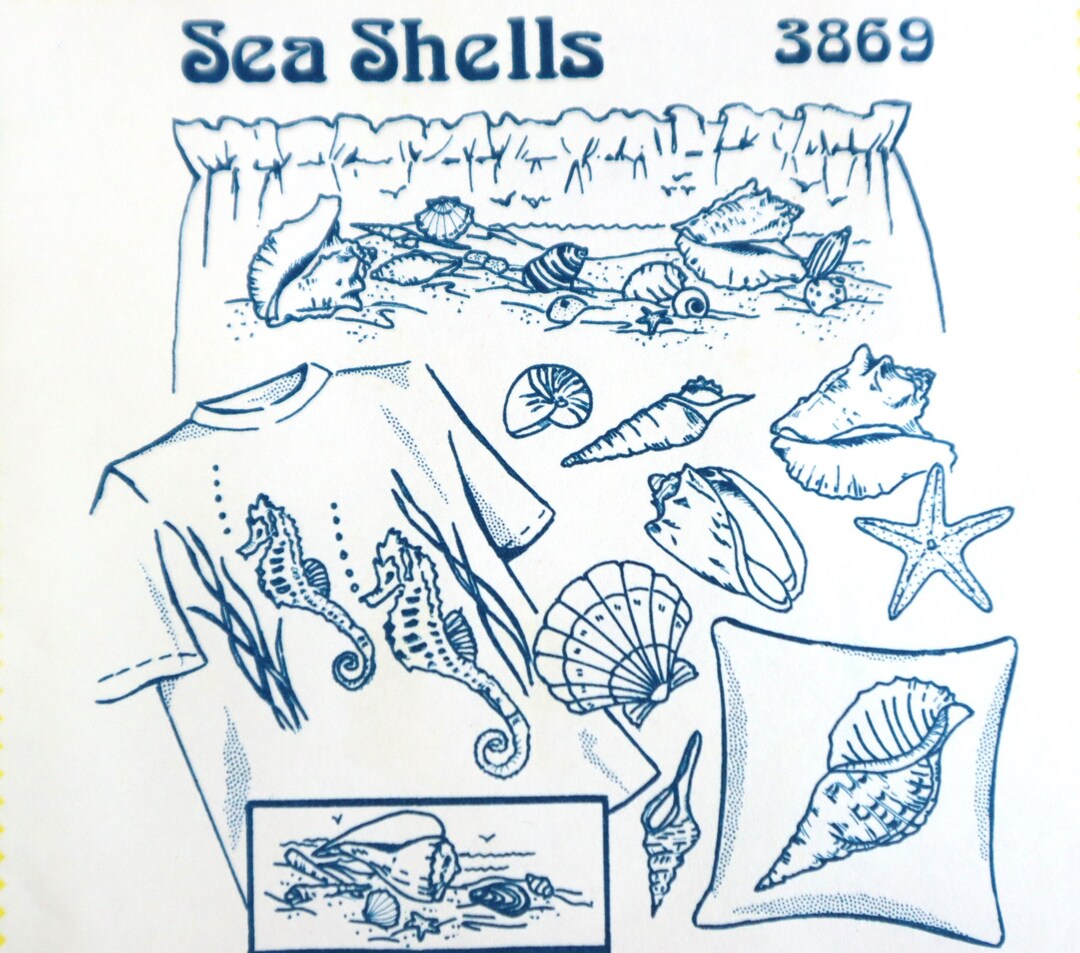 Aunt Martha's SEA SHELLS Iron on Transfer Pattern Unused #3869 Hot Iron ...