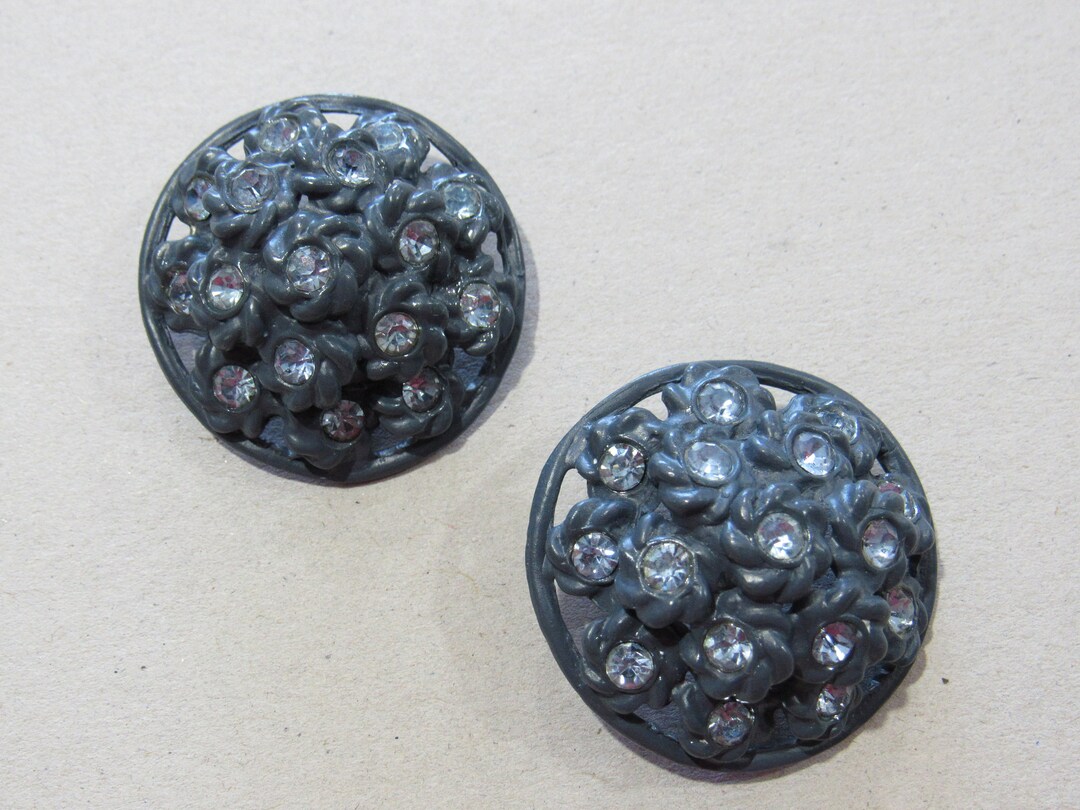 2 Large Vintage Rhinestone Buttons - 1940s Blue Open Work Domed Metal ...