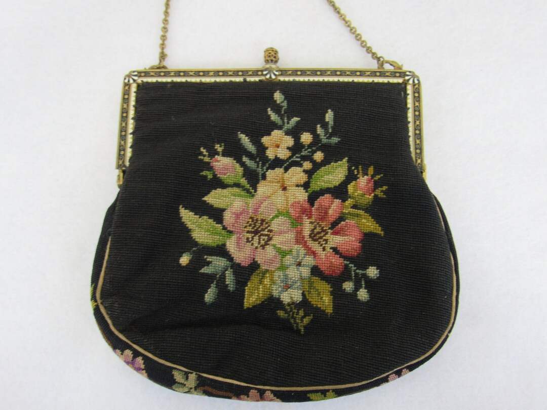 Victorian Needlepoint Handbag Antique 1900s Petit Point Purse Ornate ...