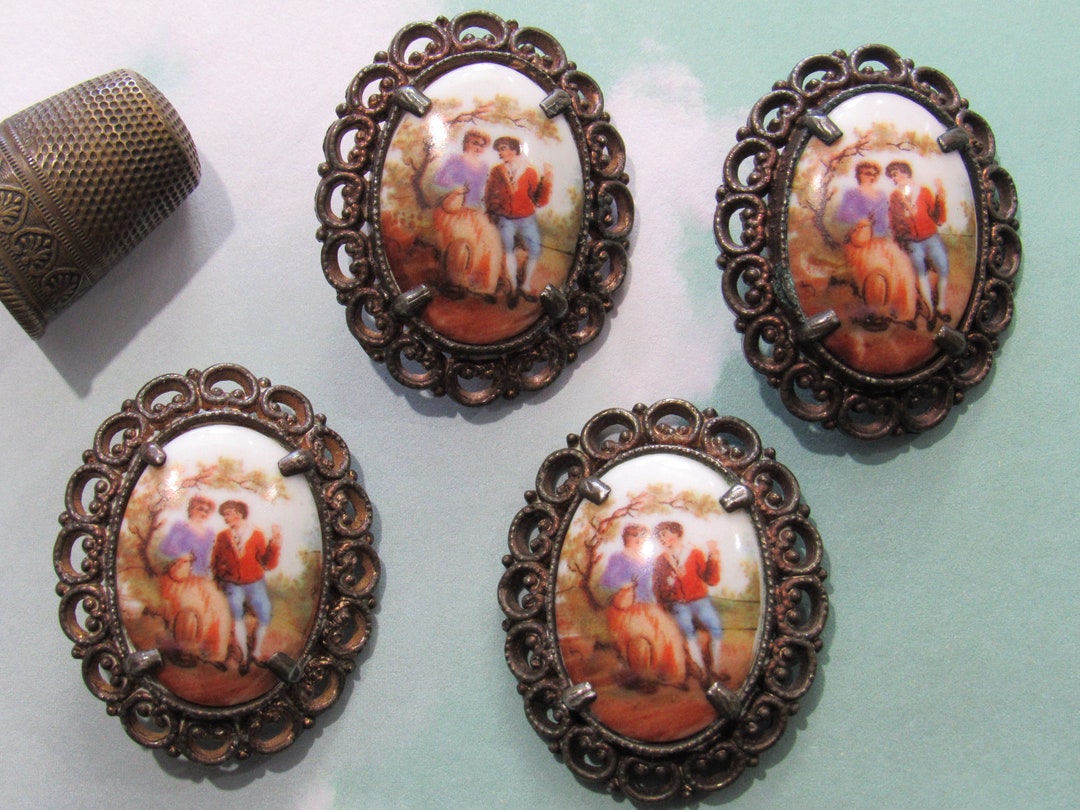 4 Antique China Transfer Buttons - Victorian COURTING COUPLE Picture ...