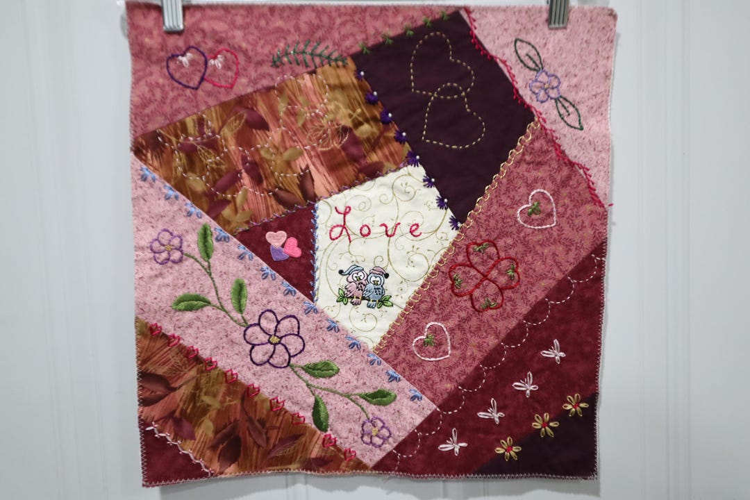 1 Crazy Quilt Square Quilt Block - VALENTINE Love Birds - Unfinished to ...