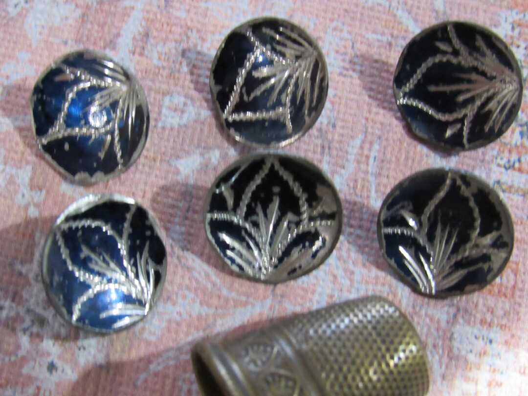 6 Antique ART DECO Buttons - Etched Enameled Metal Buttons Dish Shape ...