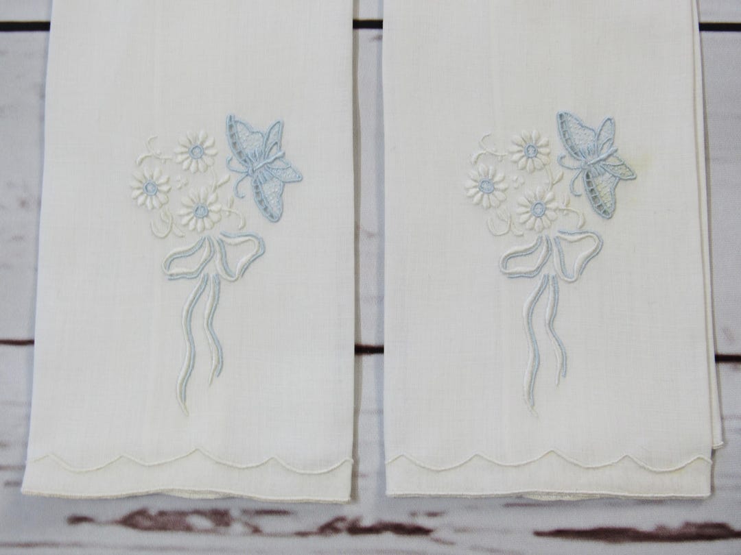 Vintage MARGHAB Madeira Linen Hand or Fingertip Towels BUTTERFLIES Blue ...