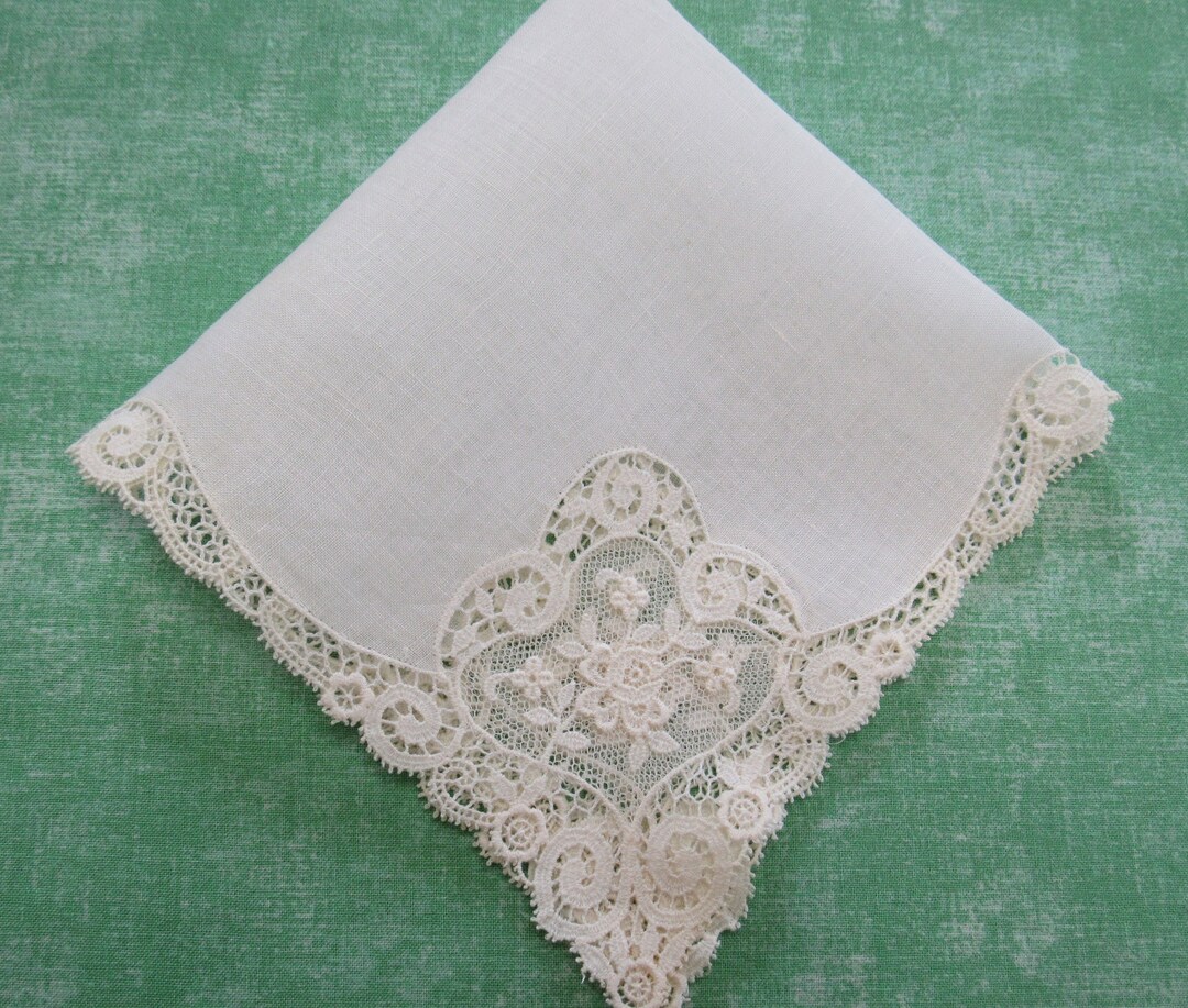 Antique Hankie 1930s Schiffli Lace Border Ivory Linen Handkerchief ...