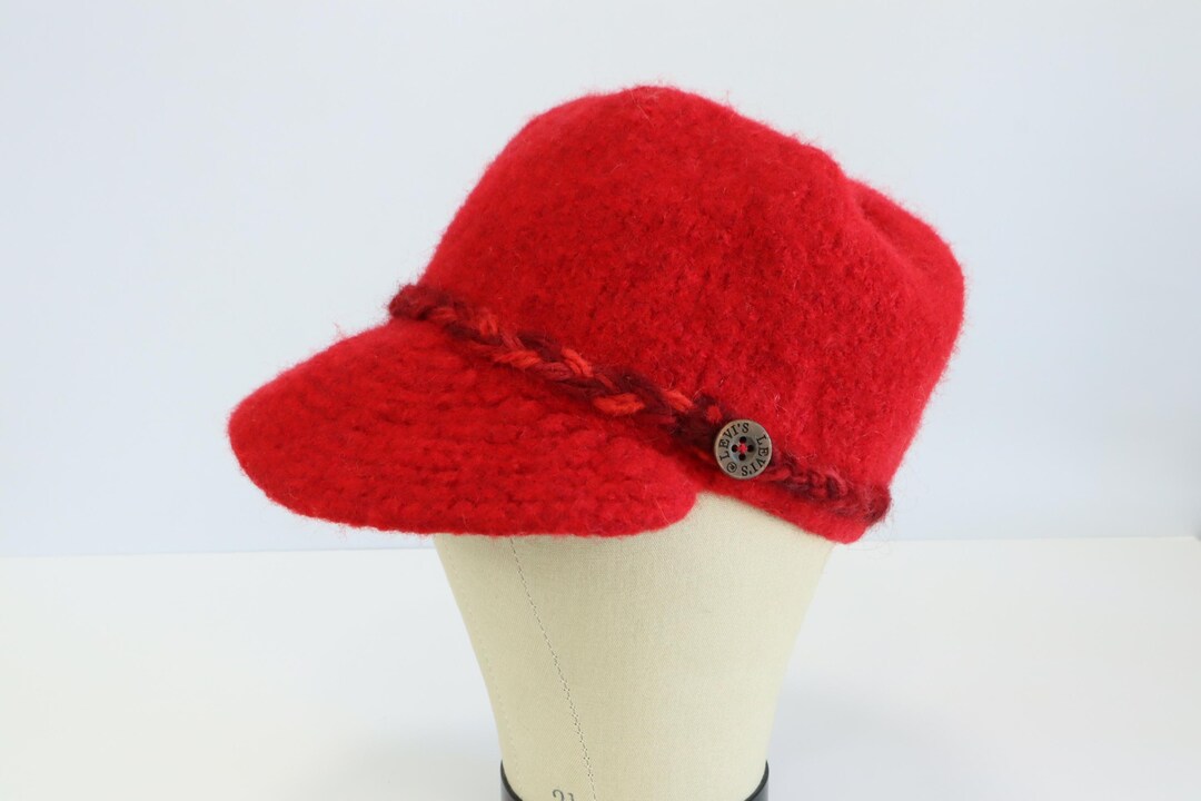 Hand Knit Felted Wool Hat – Red Boho Winter Cap With Vintage Levi’s ...