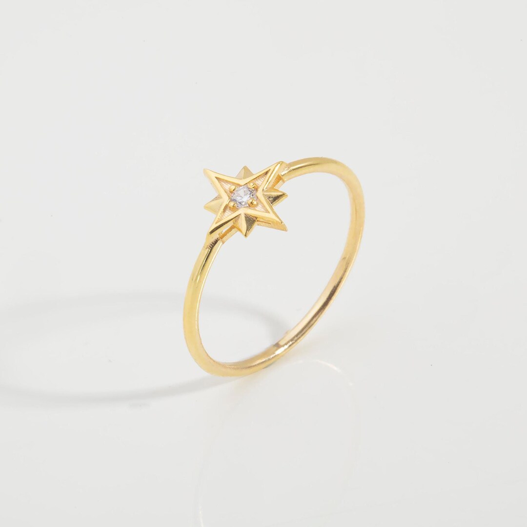 14K Solid Gold Northstar Tiny Ring, Silver North Star Twinkle Stacked Ring, Celestial Jewelry ...