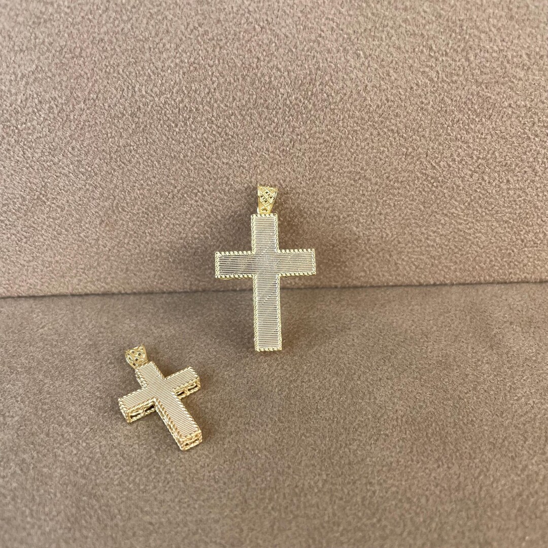 14K Gold Cross Necklace, Square Cross Charm, Double Sided Hollow Inside ...