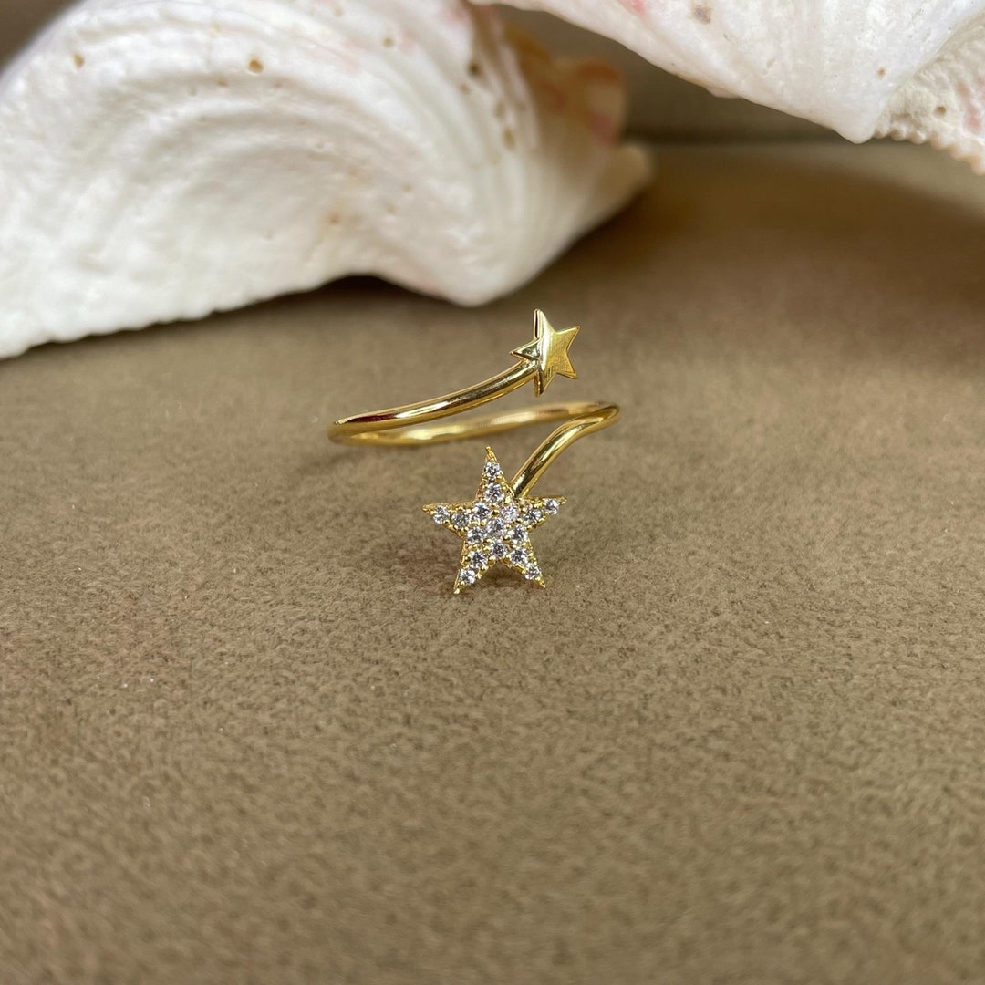14K Solid Gold Stars Ring, Shooting Star Ring, Pole Star Ring, Sterling ...