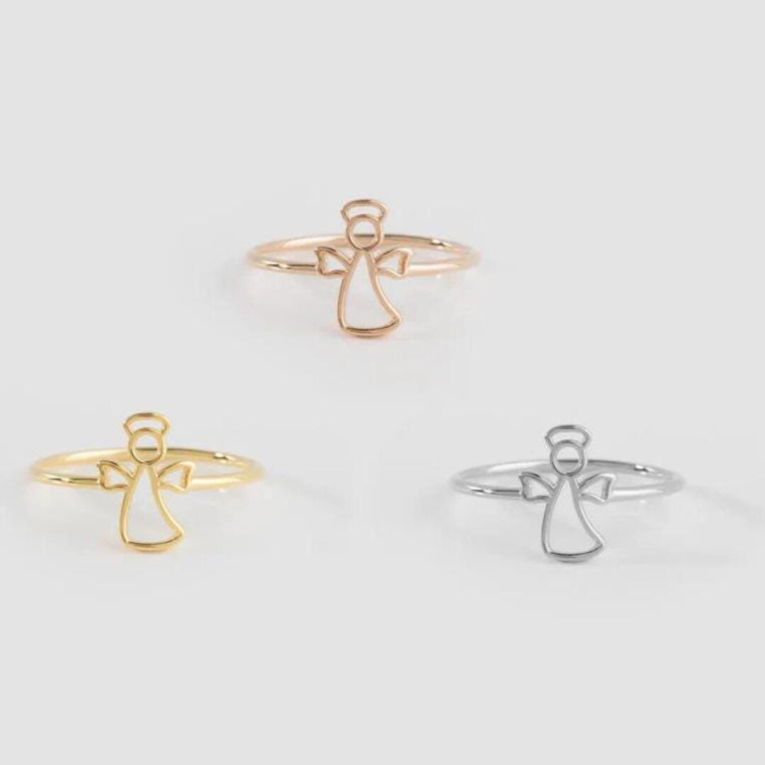 14K Solid Gold Angel Ring, Silver Minimalist Ring, Real Gold Ring, Gift ...