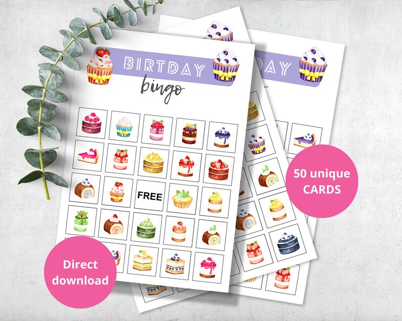 Birthday Bingo Printable Game, Watercolor Cake and Dessert Bingo Cards ...