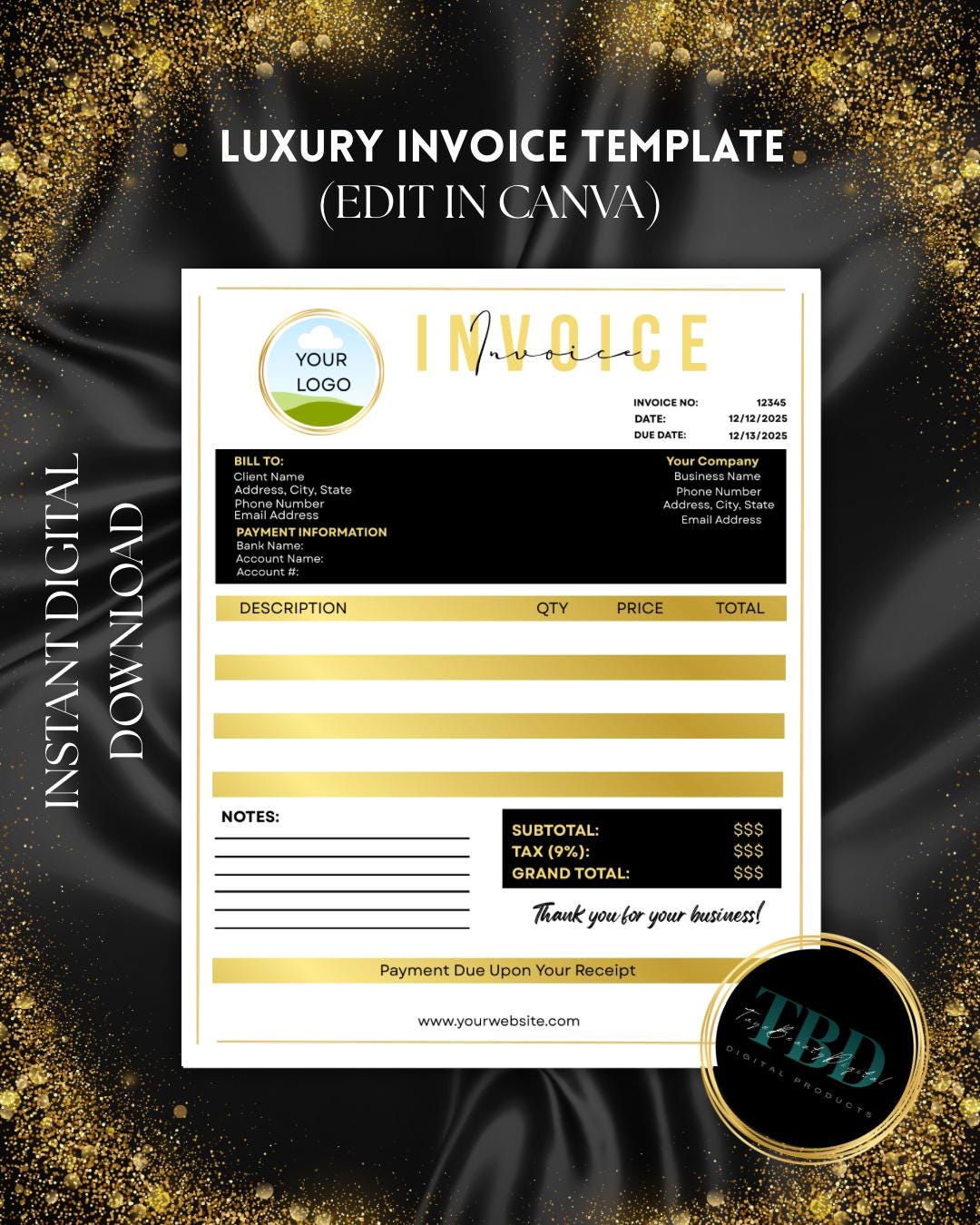 Luxury Gold Invoice Template | Canva Editable, Printable PDF - Etsy