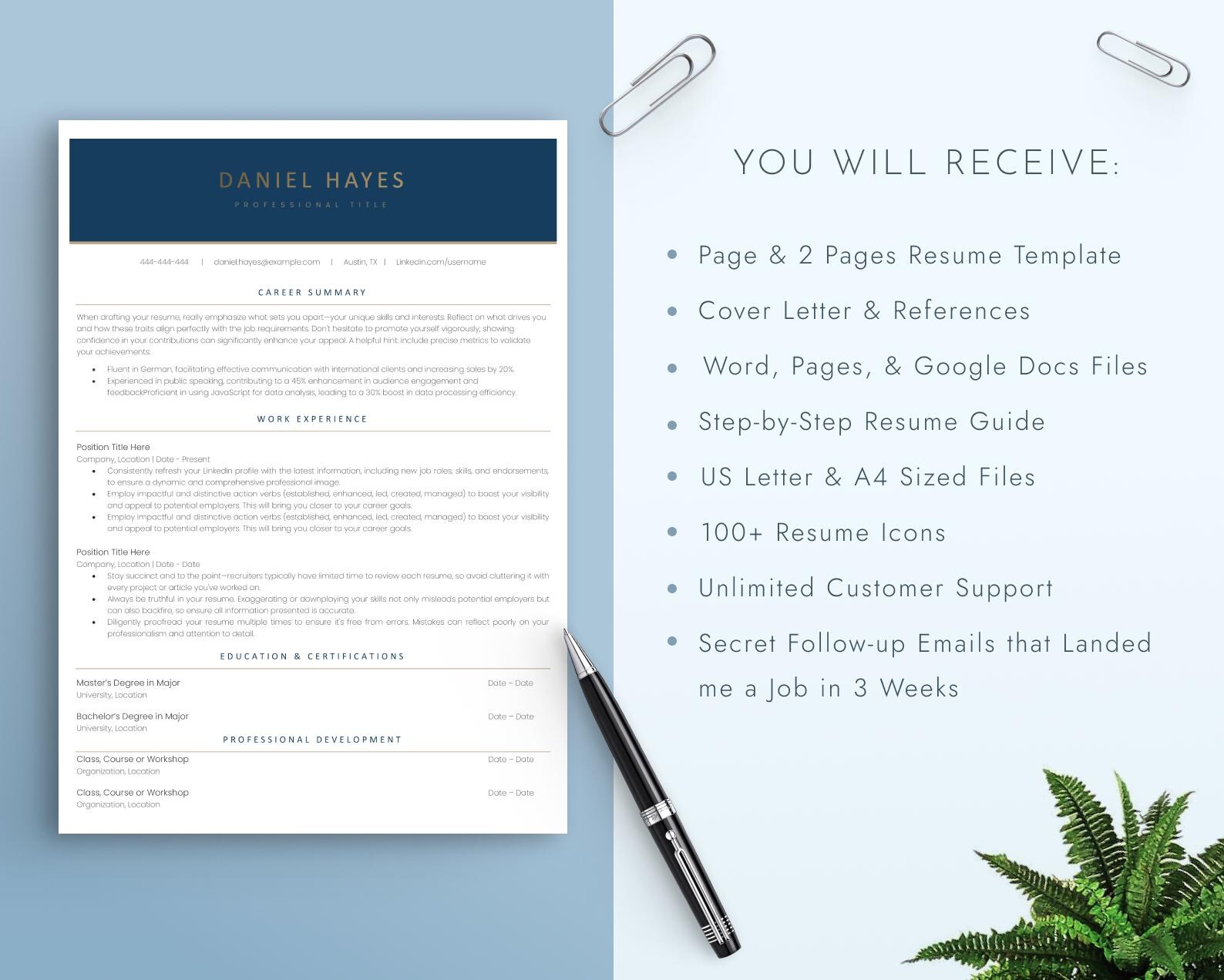 Modern Resume Template for Word, Google Docs Pages 1, 2, Page Resume With Cover Letter ...