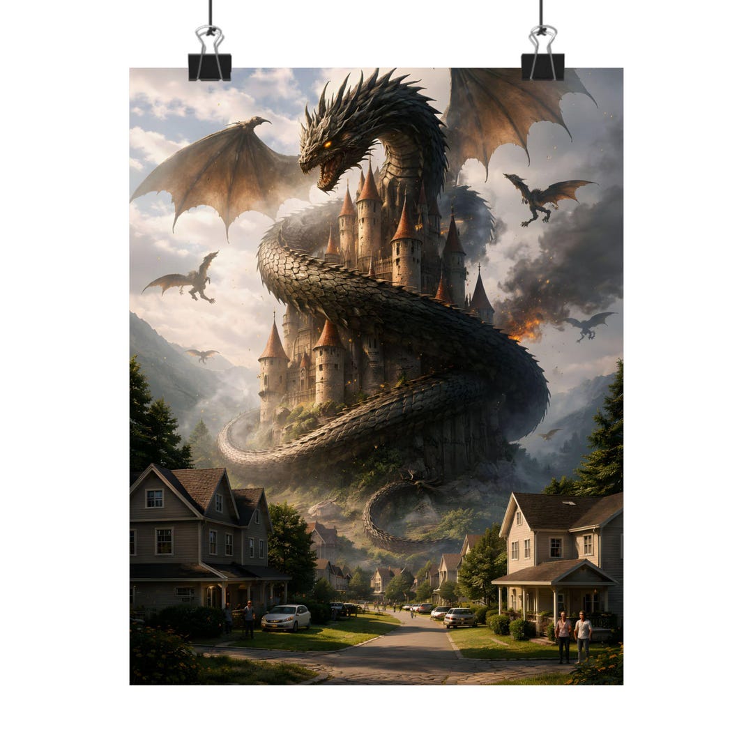 Dragon Wrapped Castle Matte Vertical Poster | Fantasy Creature Artwork ...