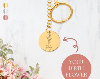 Personalized Birth Flower Keychain,engraved Initial Letter Name Keying ...